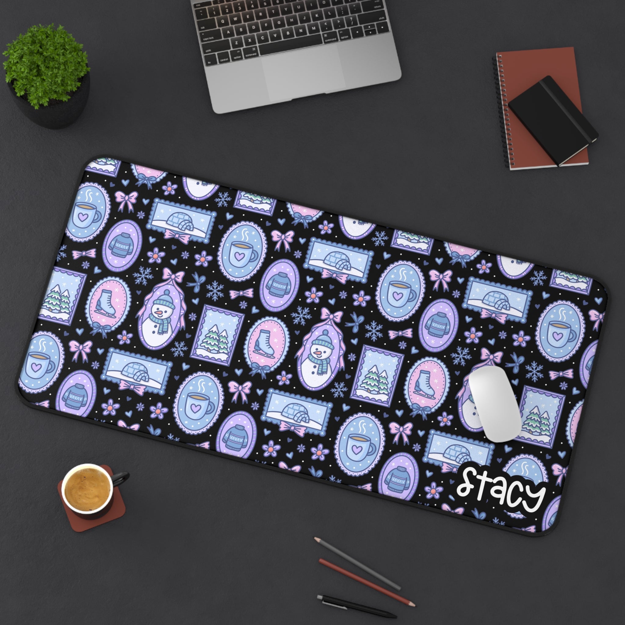 Coffee & Snowman Themed Desk Mat (black) | Whimsical Desk Mat with Pla ...